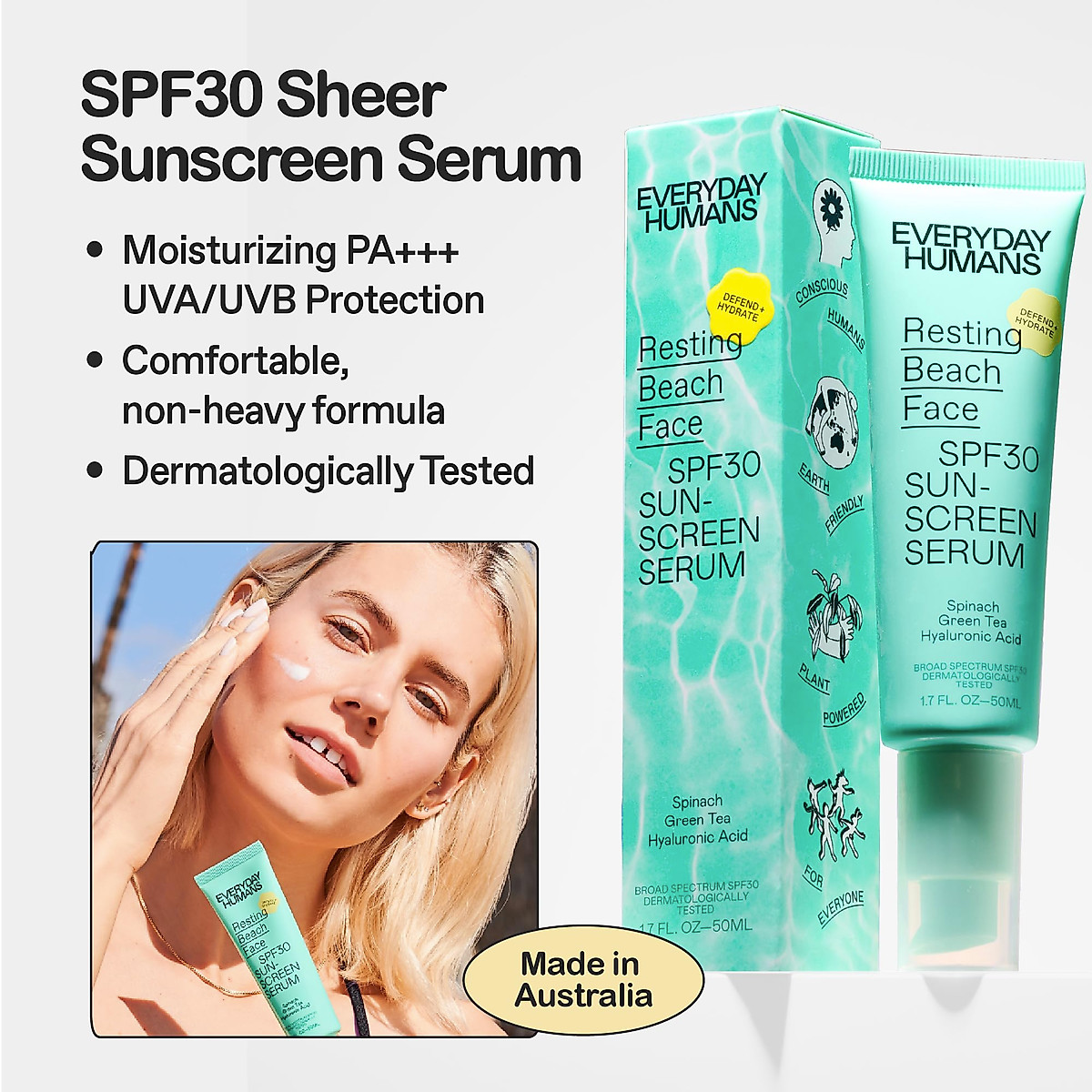 EVERYDAY HUMANS SPF30 PA +++ Sheer Sunscreen Serum Primer, 1.7oz | Light Glow Finish with Hyaluronic Acid | Make-Up Primer SPF Moisturizer For All Skin Types | Resting Beach Face