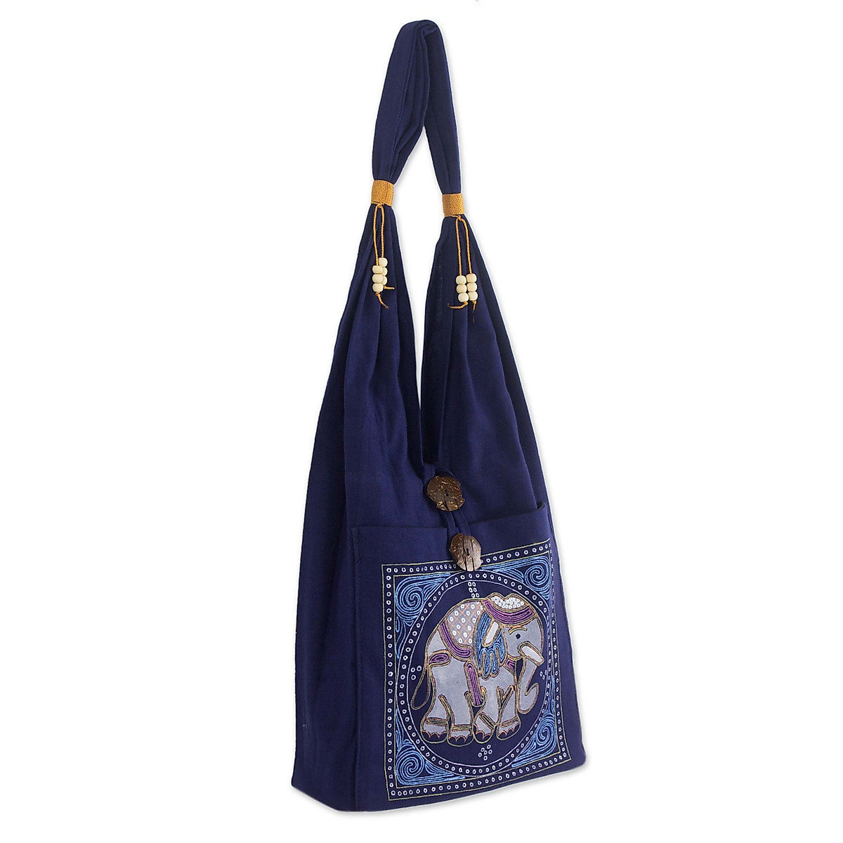 NOVICA Artisan handcrafted cotton handbag shoulder handbags blue royal classic snorkel patterned thailand animal themed elephant ' lucky elephant'