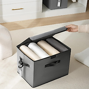 Extra Large 40L 3-Pack Collapsible Storage Bins with Lids, Stackable Storage Bins with Labels, Foldable Closet Linen Storage Box Organizer, Decorative Folding Storage Box Cube Containers, Dark Gray