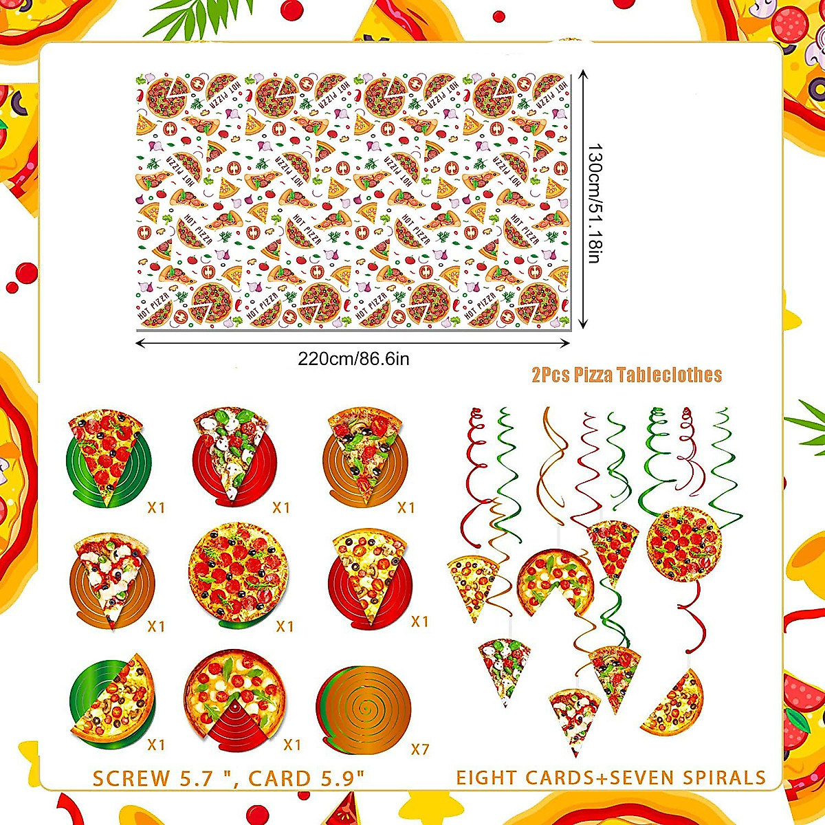 Pizza Party Decorations Theme Supplies Rectangular Tablecloth for Parties Table Covers 2Pcs Picnic Pizza Table Cloths Birthday Party Decor Hanging Swirls Streamers Hanging Decor from Ceiling