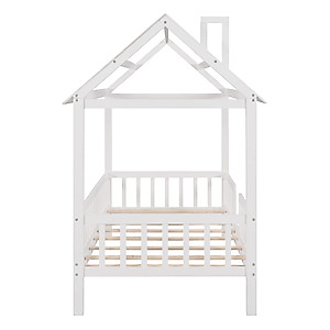House Bed with Rails and Roof Kids Montessori Beds Wood Cabin Playhouse Bed Frame for Toddlers Girls Boys Teens, Twin Size, White