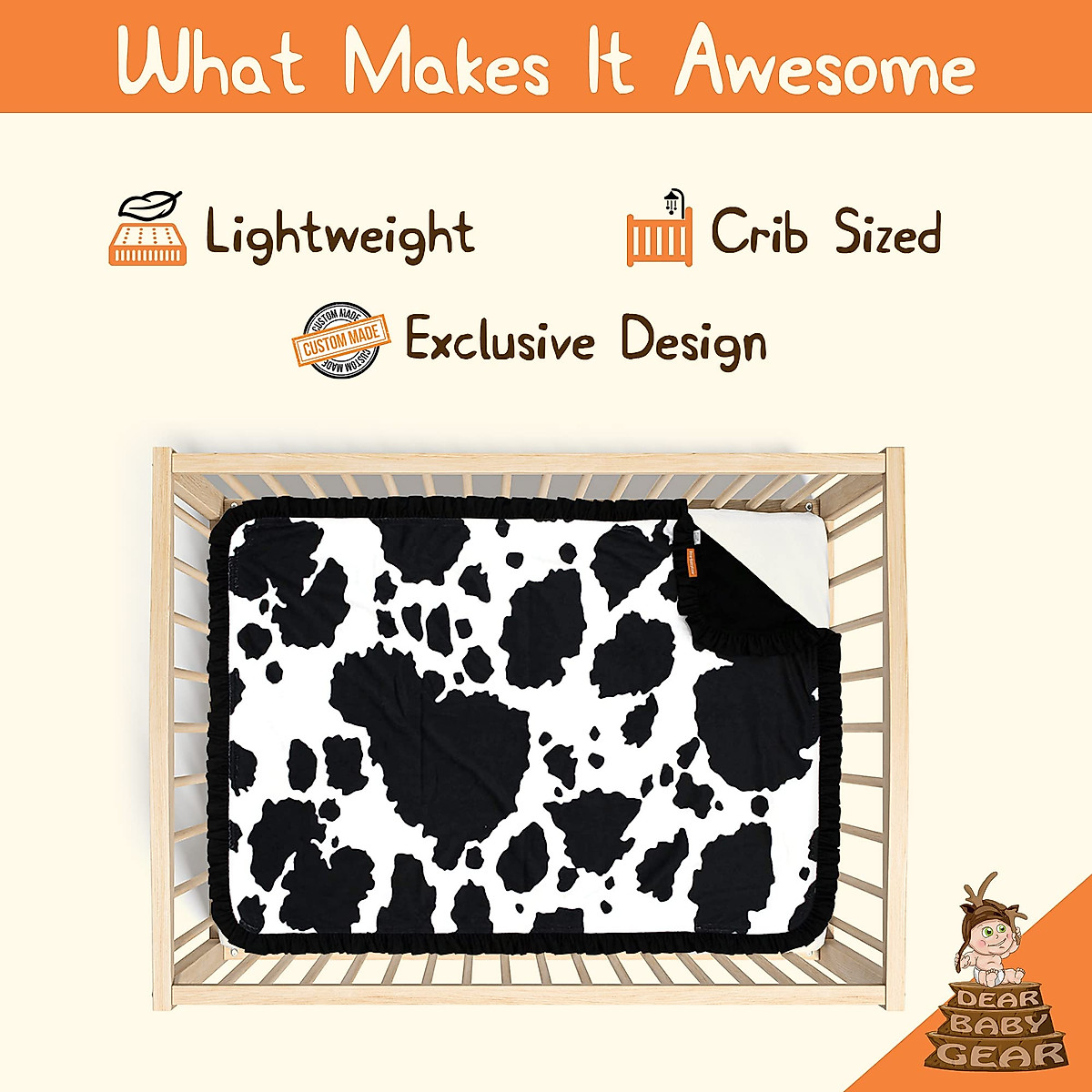 Dear Baby Gear Custom Print Baby Blanket - Double Layer Infant Blanket - Toddler Blankets - Great Size for a Crib, Stroller or Car Seat - Nursery Bedding - Holstein Cow, Black, Ruffles, 43" x 33"