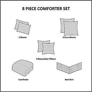 510 DESIGN Luxe Quilted Comforter Set Modern Transitional Design, All Season Down Alternative Warm Bedding Matching Shams, Bedskirt, Decorative Pillow, Queen, Shawnee Scrollwork Seafoam