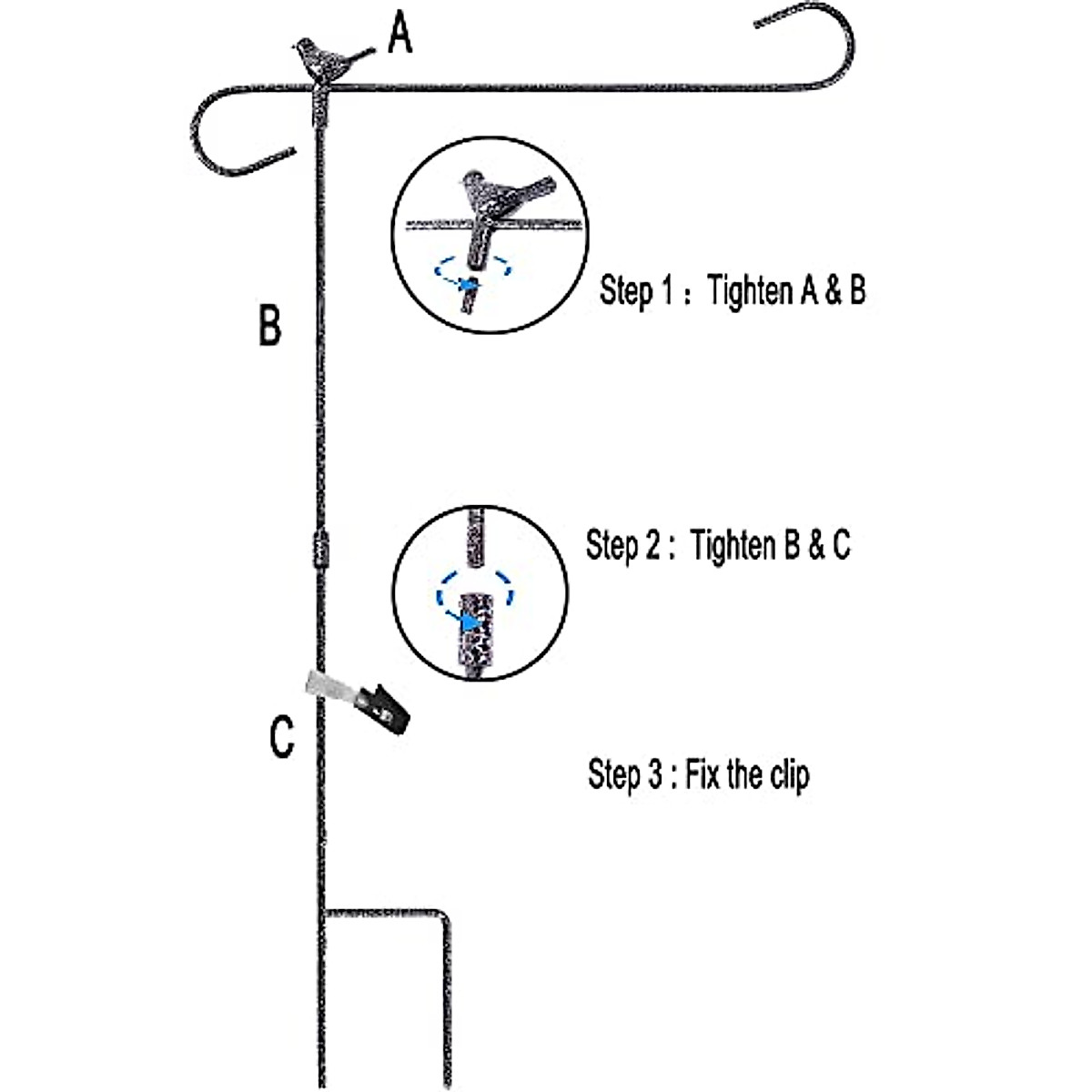 WEVONIGU Update Wrought Iron Yard Garden Flag Pole, Premium Garden Flag Pole Holder Metal Powder-Coated Weather-Proof Paint with one Tiger Clip and Two Spring Stoppers Without Flag (Black)