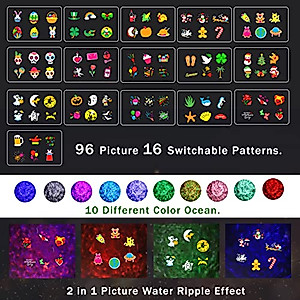 Christmas Halloween Holiday Projector Lights 2-in-1 26 HD Effects (3D Ocean Wave & 96 Patterns) Waterproof with RF Remote Control Timer for Indoor Holiday Party Home Garden Decorations (16 Slides Pro)