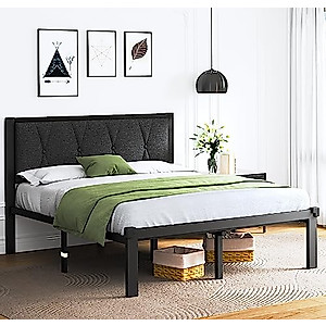 Feonase Full Size Metal Bed Frame with Fabric Button Tufted Headboard, Platform Bed Frame with Heavy Duty Metal Slats, 12" Storage Space, Noise Free, No Box Spring Needed, Dark Grey