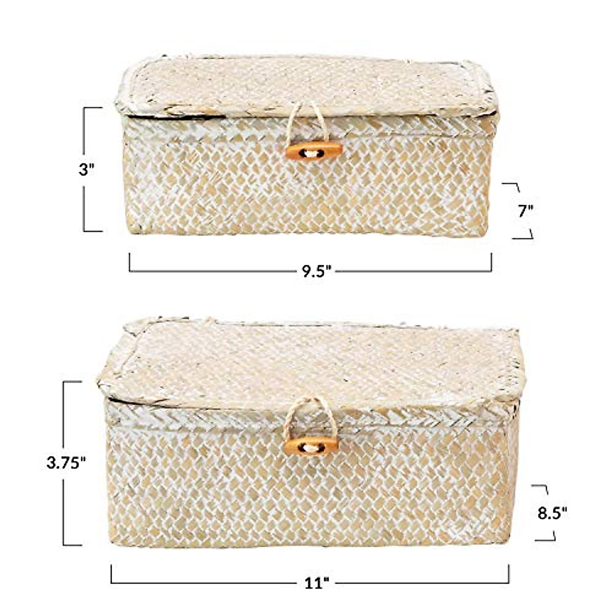 Creative Co-Op Hand-Woven Seagrass Lids & Toggle Closure, Whitewashed, Set of 2 Storage Box, 2 Count