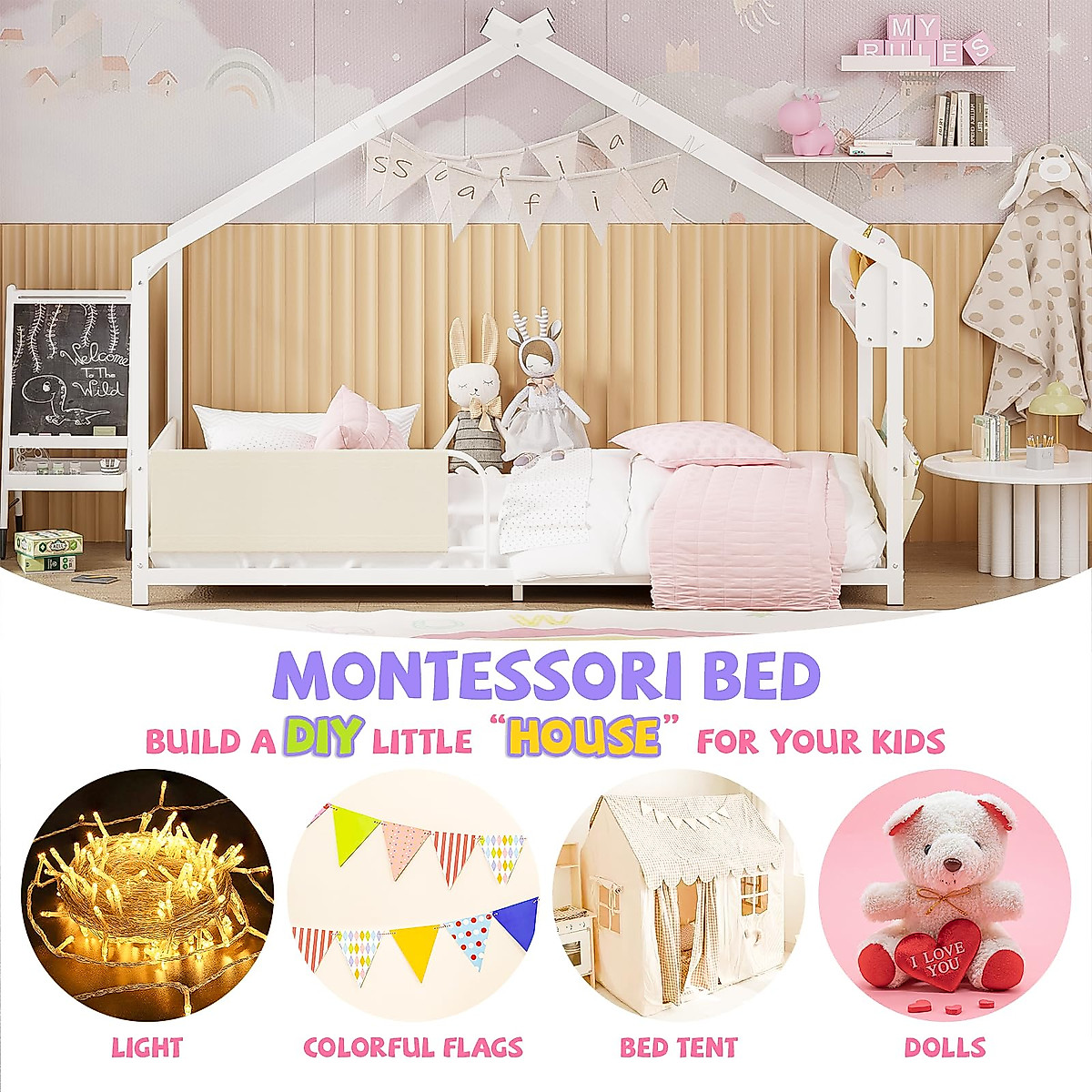 Timy House Bed Twin Size Montessori House Bed Metal Floor Bed with Storage Rack and Caddy Twin Bed Frame for Kids No Box Spring Needed White