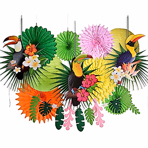 Easy Joy Tropical Bird Toucan Leave Garland Party Kit Paper Palm Leaves Paper Fan Paper Lanterns for Summer Hawaiian Luau Tiki Tropical Themed Party Decorations Luau Party Supplies Decor