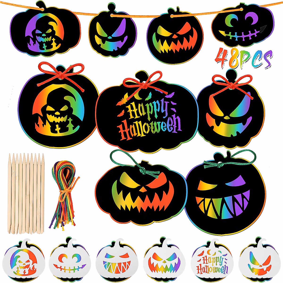 JULMELON 48 Pieces Halloween Scratch Paper Crafts Kit Bulk of Halloween Pumpkins Magic Rainbow Scratch Art for Kids DIY Party Ornaments Halloween Decor with 6 Pcs Halloween Pumpkins Stencils