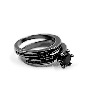 Womens Black Wedding Rings Set Round CZ Stone Vintage 2pcs Engagement Ring Bridal Set Channel-Setting (size 7)