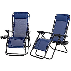 Shintenchi Patio Zero Gravity Recliner Lounge Chair, Outdoor Folding Beach Chair Recliner, Adjustable Long Chair w/ Cup Holder and Headrest, Set of 2 for Yard Garden Deck Poolside Camp, Dark Blue