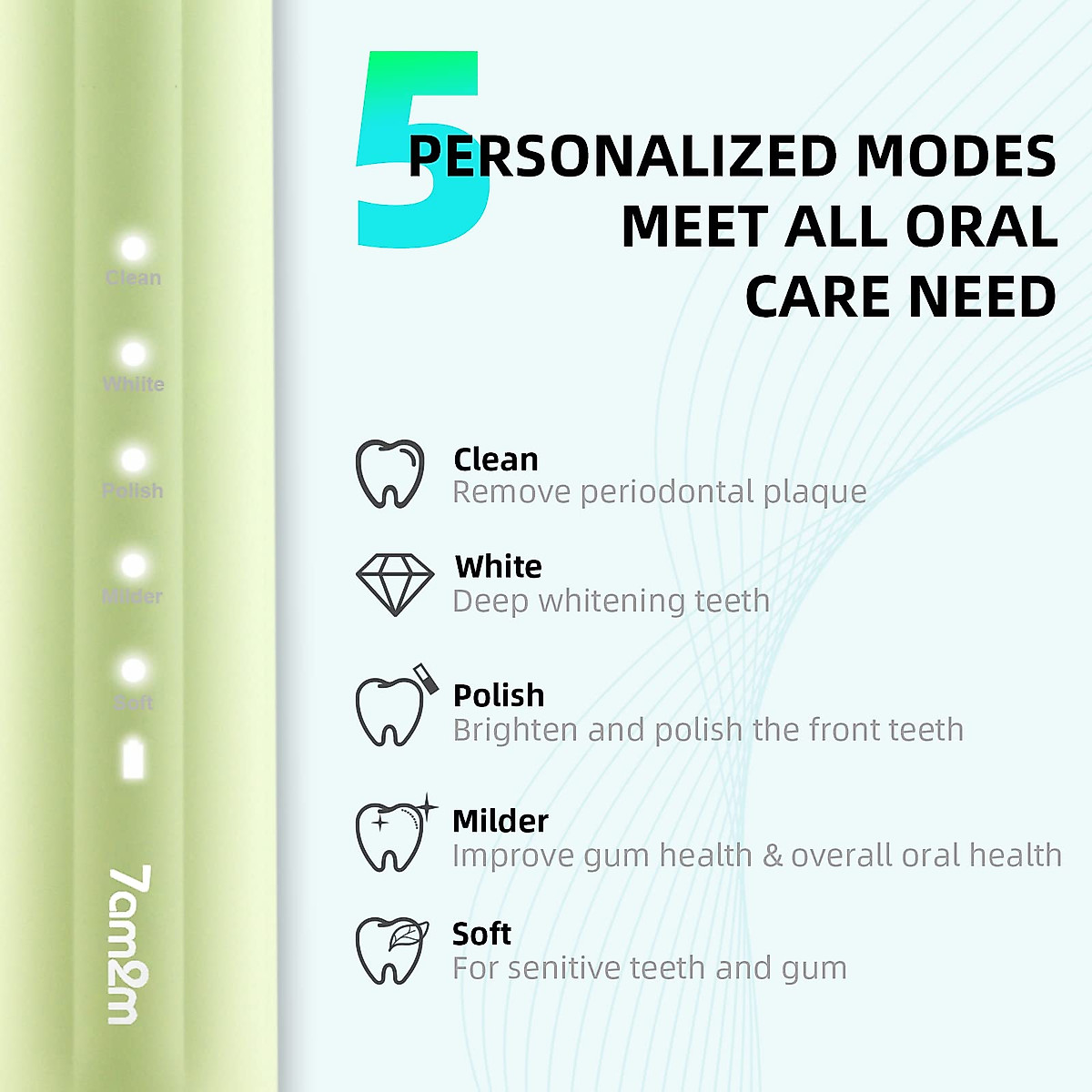 7AM2M Sonic Electric Toothbrush for Adults and Kids, with 6 Brush Heads, 5 Modes with 2 Minutes Build in Smart Timer, Roman Column Handle Design (Light Green, 1 Count (Pack of 1))