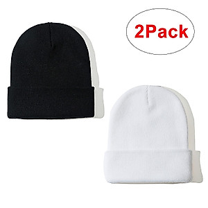 PFFY 2 PACKS Unisex Beanie Hats for Men and Women Knit Winter beanies Black+White