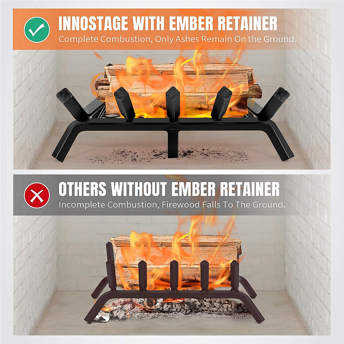 INNO STAGE Fireplace Grates with Ember Retainer - 17 Inch Fireplace Log Grate, Firewood Wood Log Holder Rack, Inside Wrought Cast Iron Fire Grate for Hearth Indoor Outdoor Camping