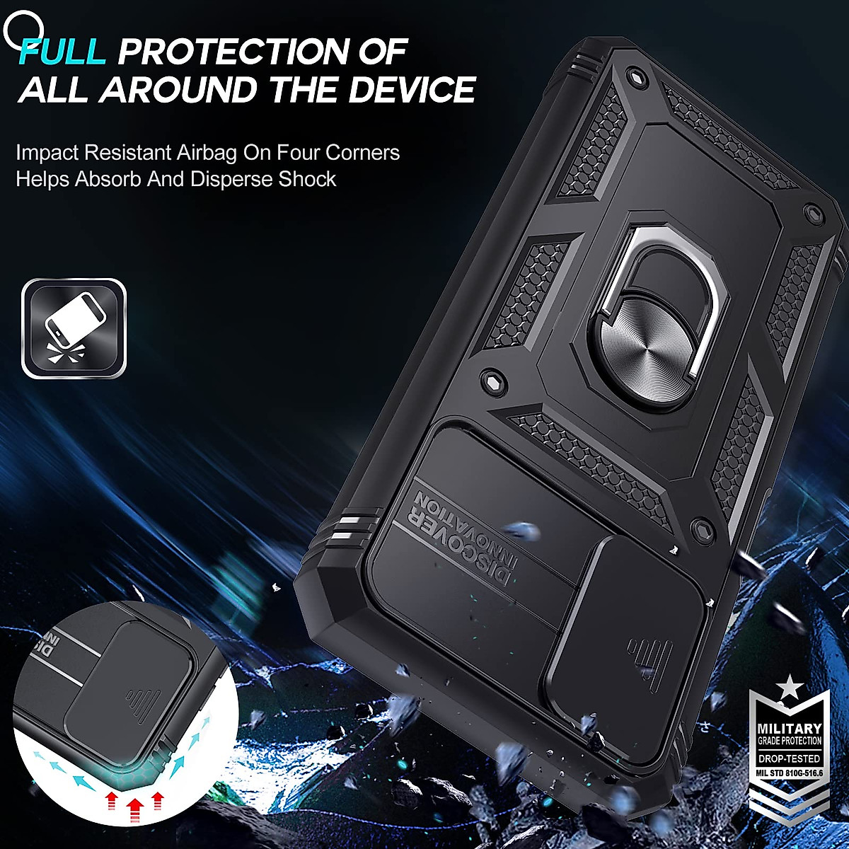 LeYi Compatible for Samsung Galaxy A03s Phone Case: Galaxy AO3s Phone Case with Slide Camera Cover + [2 Packs] Screen Protector, 360 Full Body Military-Grade Phone Case with Kickstand for A03s, Black