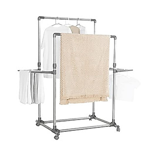 Hershii Rolling Garment Racks for Hanging Clothes Heavy Duty Clothing Drying Rack Double Rails Laundry Hanger Storage Organizer with Foldable Shelves & Windproof Hooks - Height Adjustable