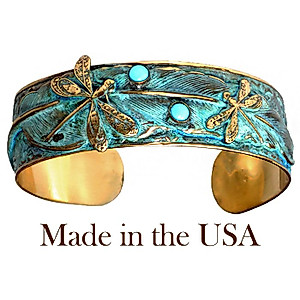 Elaine Coyne Collectible Artwear-Dragonfly Bracelet for Women, Verdigris Patina Brass Cuff Bracelet, Dragonflies on Feather Cuff, Handmade Bracelets, Wide Cuff with Turquoise Stone Bracelet - USA Made