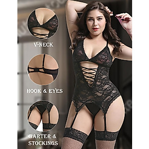 Anyou Plus size Lingerie for Women Stretchy Black Lace Teddy with Stockings Size XXL