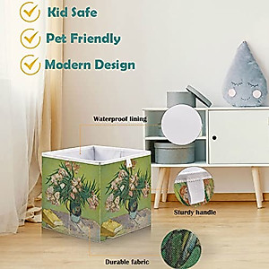 visesunny Closet Baskets Oil Painting Oleander Storage Bins Fabric Baskets for Organizing Shelves Foldable Storage Cube Bins for Clothes, Toys, Baby Toiletry, Office Supply