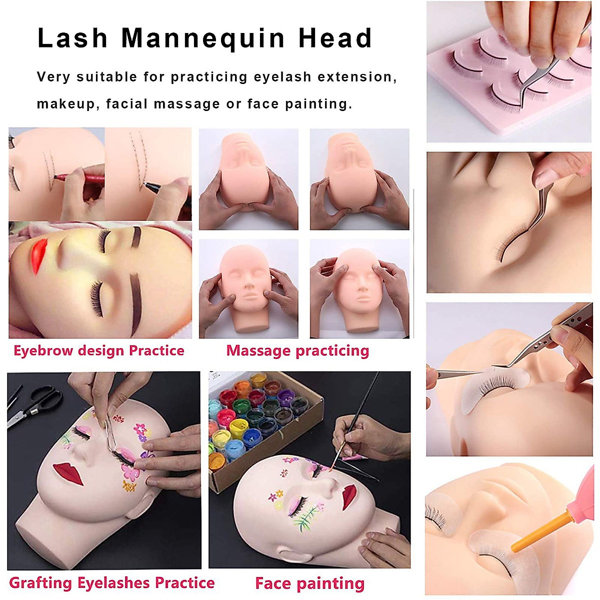 LXIANGN Lash Mannequin Head,Professional Make Up Paint Eye Lash Extention Practice Training Head Soft-Touch Manikin Cosmetology Mannequin Doll Face Head