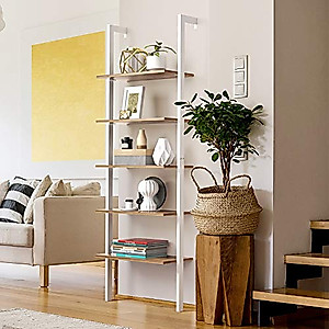 Tangkula Industrial Ladder Shelf Against The Wall, 5-Tier Wall Mount Ladder Bookshelf with Metal Frame, 72 Inches Open Bookcase Plant Flower Stand Display Storage Rack for Home Office