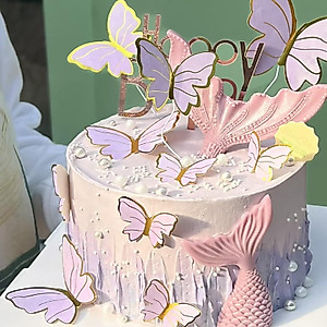 60PCS Pink Purple Gold Butterfly Cake Toppers, 3D Cupcake Toppers Happy Birthday Metal Gold Topper for Girls Women's Party Decorations Women Party Wall Food Decorations,Mixed Size