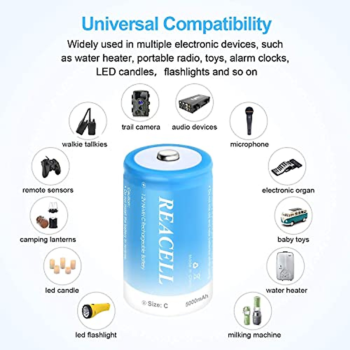 REACELL Rechargeable C Cell 5000mAh, C Size Rechargeable Batteries Long Lasting C Batteries with Storage Case, 4 Counts