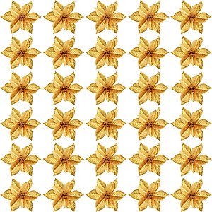 WILLBOND Glitter Christmas Tree Ornaments Artificial Wedding Christmas Poinsettia Flowers for Christmas Flowers Tree Wreaths Decor Ornament (30, Gold 1)