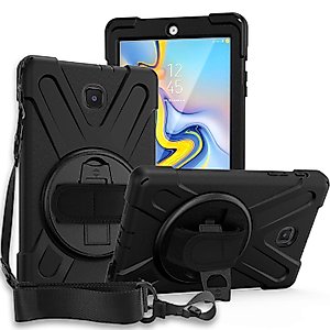 KIQ Shield Series for Samsung Galaxy Tab A 8.0 Case 2018, Shockproof 360 Rotatable W/Kickstand Hand Strap Shoulder Cover for Galaxy Tab SMT387v Tab A Verizon Case 8.0 (Black)