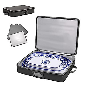 KGMCARE Large Platter Storage Case, China Storage Containers for Plates Storage and Moving with Lid and Handles, 17'' x 13'' China Serving Platter Protector Box, Felt Dividers Included (Black)