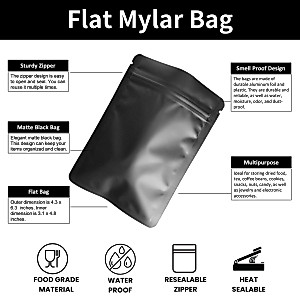 Chamigon 100 Pack Matte Black Mylar Bags - 4.3x6.3 Inches Resealable Smell Proof Foil Zipper Food Pouches - Sealable Flat Packaging Sample Pouch Bag