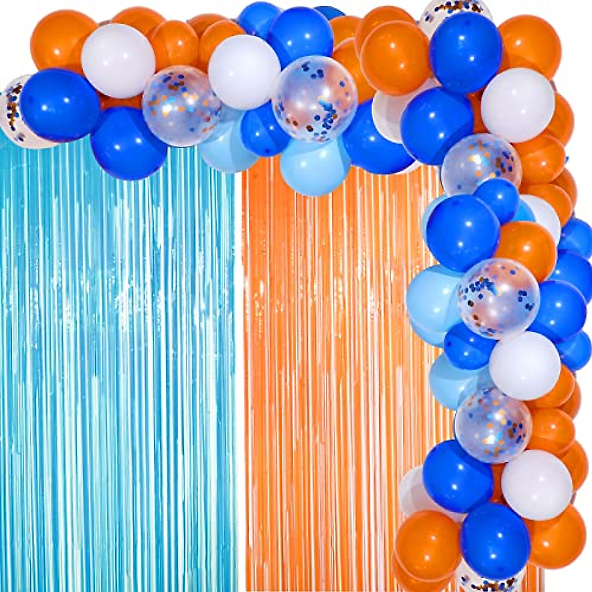 Blue and Orange Party Decoration 63 Pcs Orange and Blue Balloons Garland 2 Pcs Orange Light Blue Foil Fringe Curtain Confetti Balloons for Birthday Party Baby Shower Wedding Anniversary Graduation