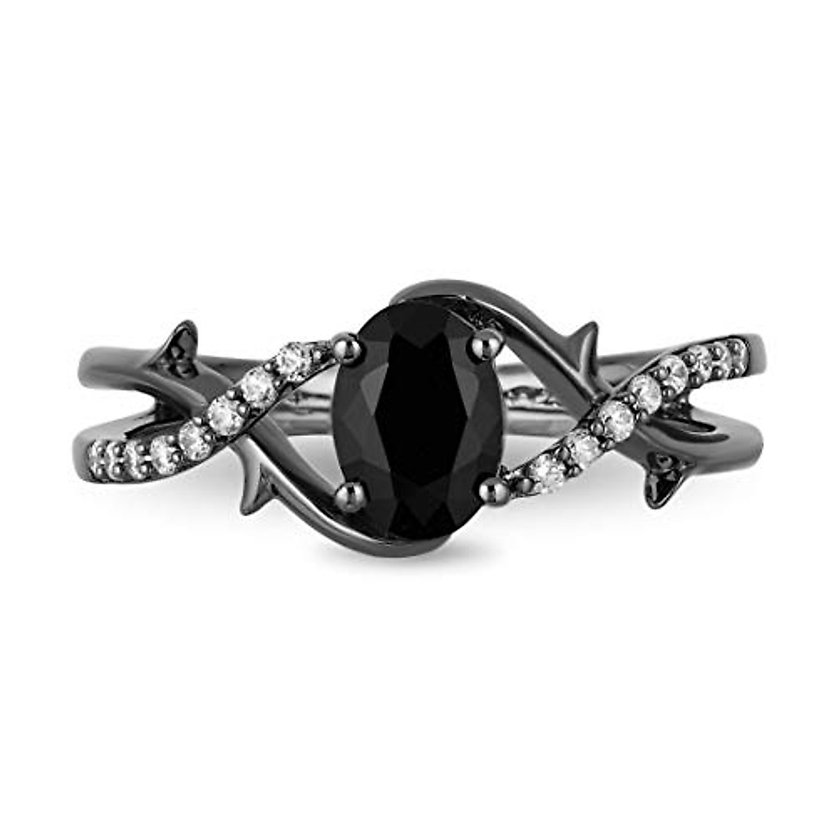 Jewelili Enchanted Disney Fine Jewelry Black Rhodium Over Sterling Silver 7x5MM Oval Black Onyx and 1/10 Cttw Diamonds Maleficent Ring