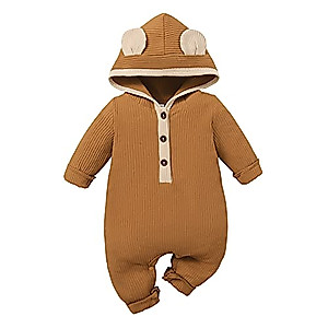 DISAUR Baby Girl Boy Clothes Newborn Outfit,Infant Baby Romper Cute Bear Ear Hooded Cotton Jumpsuit Long Sleeve Bodysuit 0-3M Brown
