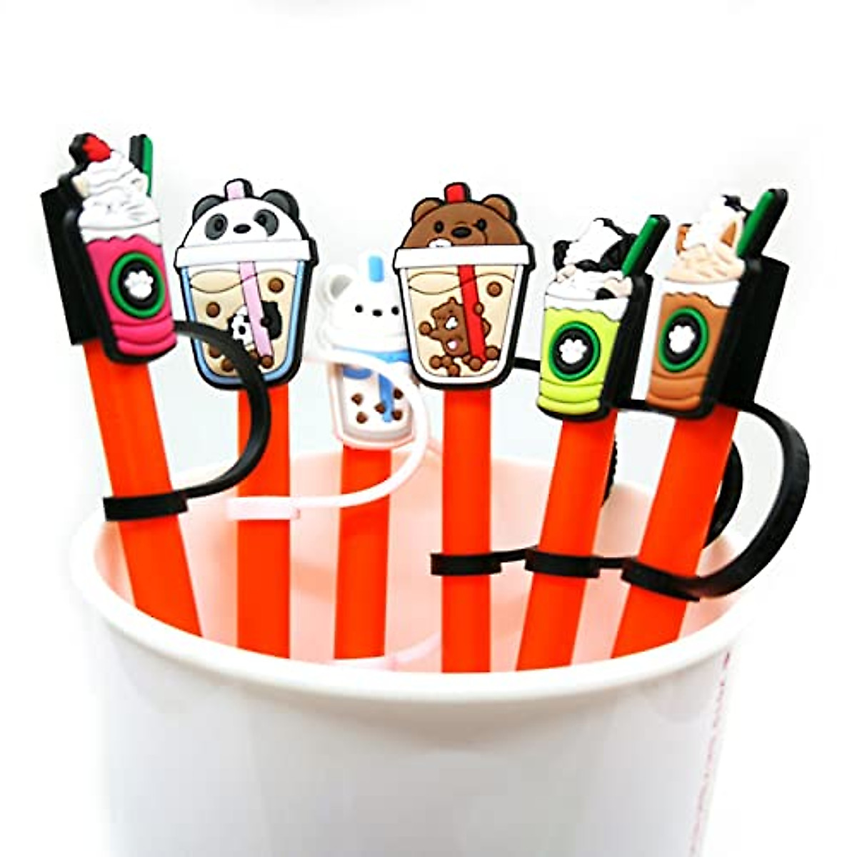 Straw Cover Cap 7 Pieces Reusable Silicone Straw Toppers Drinking Straw Tips Lids for 6-8 mm Cute Straws Plugs (Not include Straw) Style1