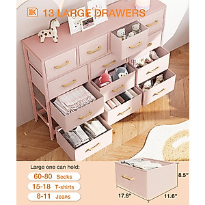 ODK Dresser with Charging Station, 57-Inch Long Dresser TV Stand for Bedroom, Large Dresser with 13 Storage Drawers, Chest of Drawers Easy-Pull Fabric Dressers for Living Room, Pink