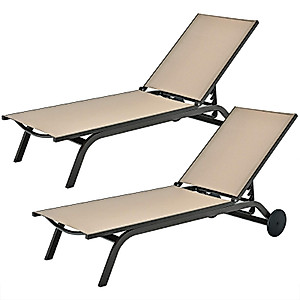 Tangkula Outdoor Aluminum Chaise Lounge, Patio Lounge Recliner Chair w/6 Adjustable Backrest, Reclining Chaise Chair with Wheels for Beach, Yard, Balcony, Poolside (2, Brown)