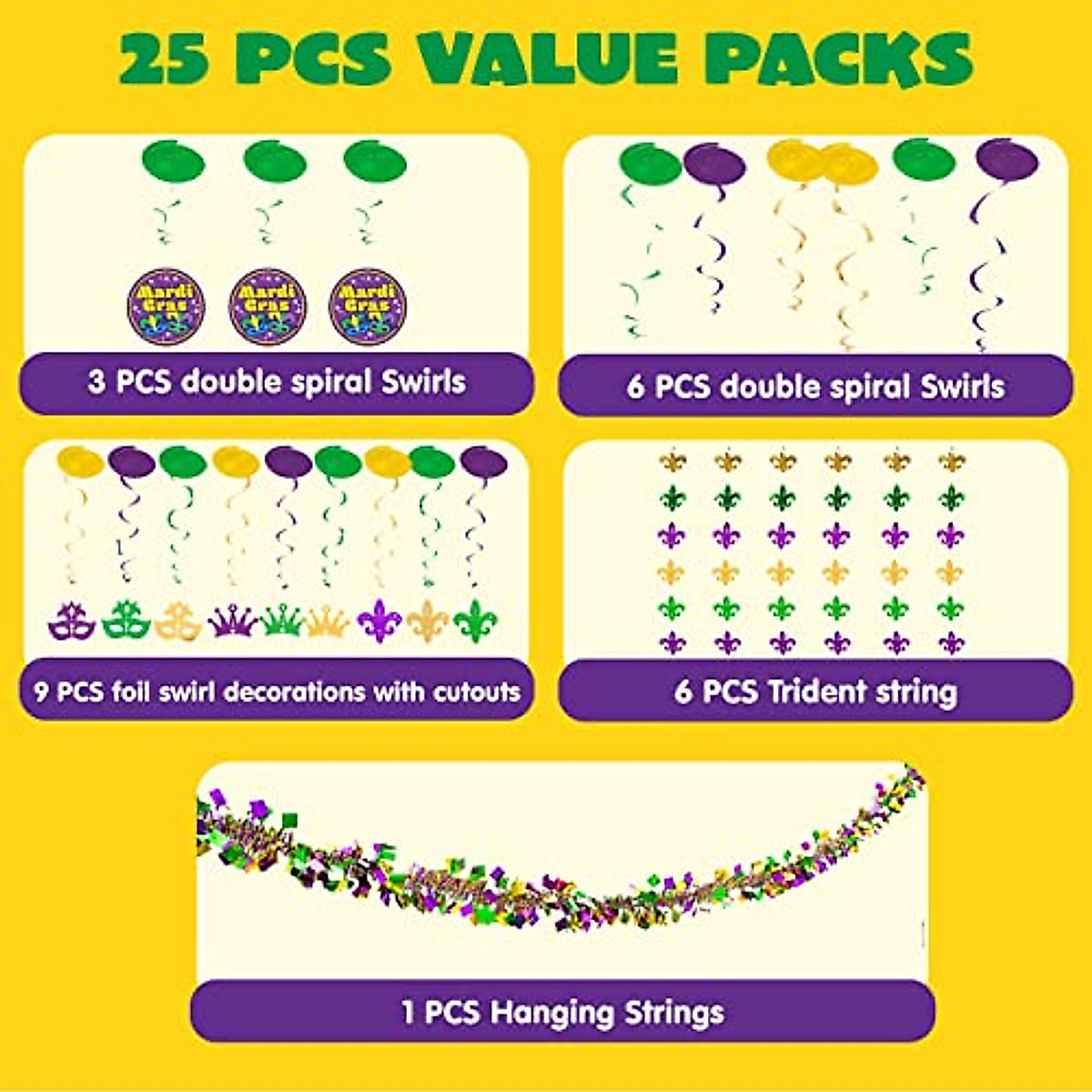 JOYIN 25 PCS Assorted Mardi Gras-themed Set with 24 Hanging Swirls and 1 Strings with Garland Party Decorations Supplies