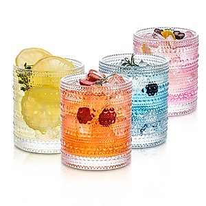 Glass Cups Vintage Drinking Glasses Set of 4, Clear Hobnail Glasses Tumbler, Embossed Design Glassware, Romantic Water Glasses, for Beverage, Juice, Cocktail, Soda, Water, Whiskey (Large)