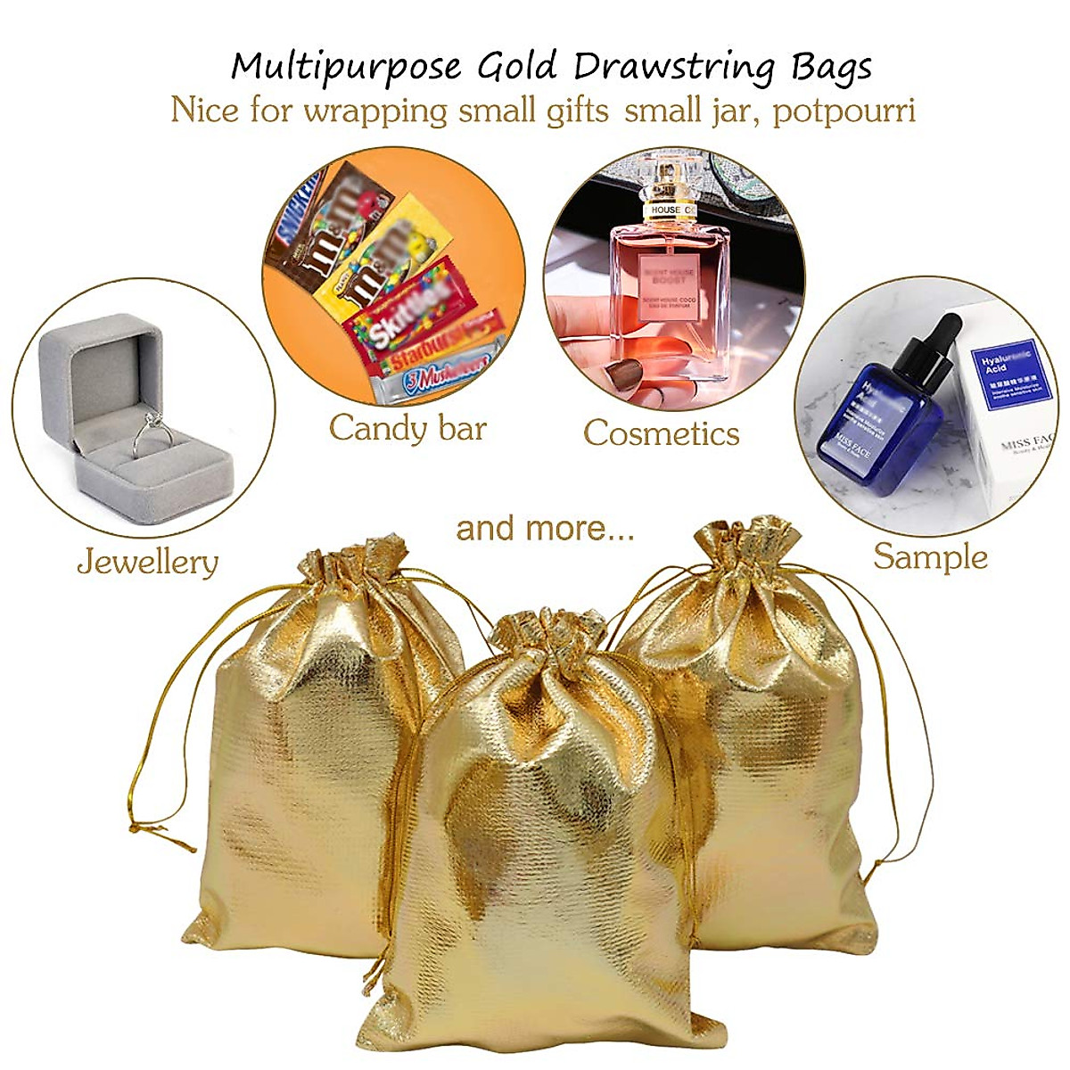 HRX Package Gold Gift Bags Drawstring 100pcs, 5 x 7 inches Jewelry Pouches Party Favor Goody Bags for Wedding Birthday Christmas Candy Bar