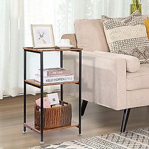 MOOACE Tall Side Table, 3 Tier End Table with Storage Shelf, Tall Nightstand for Small Spaces, Living Room, Bedroom, Office, Hallway, Rustic Brown