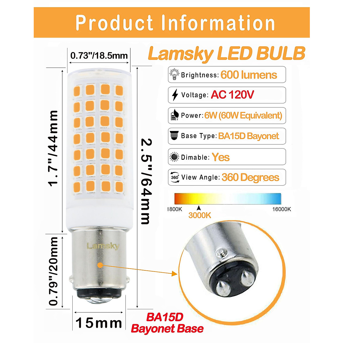 Lamsky BA15D Led Bulbs 6W Dimmable 120V,B15 Double Contact Bayonet Base,Soft Warm White 3000K,60W JD Type T3/T4 Halogen Equivalent Replaces for Pendants Ceiling Fans Sewing Machine Light(6-Pack)