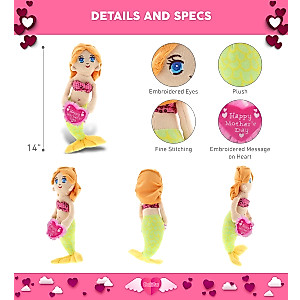 DolliBu Happy Mother's Day Super Soft Plush Green Mermaid Doll Figure - Cute Stuffed Animal with Pink Heart Message for Best Mommy, Grandma, Wife, Daughter - 14" Inches