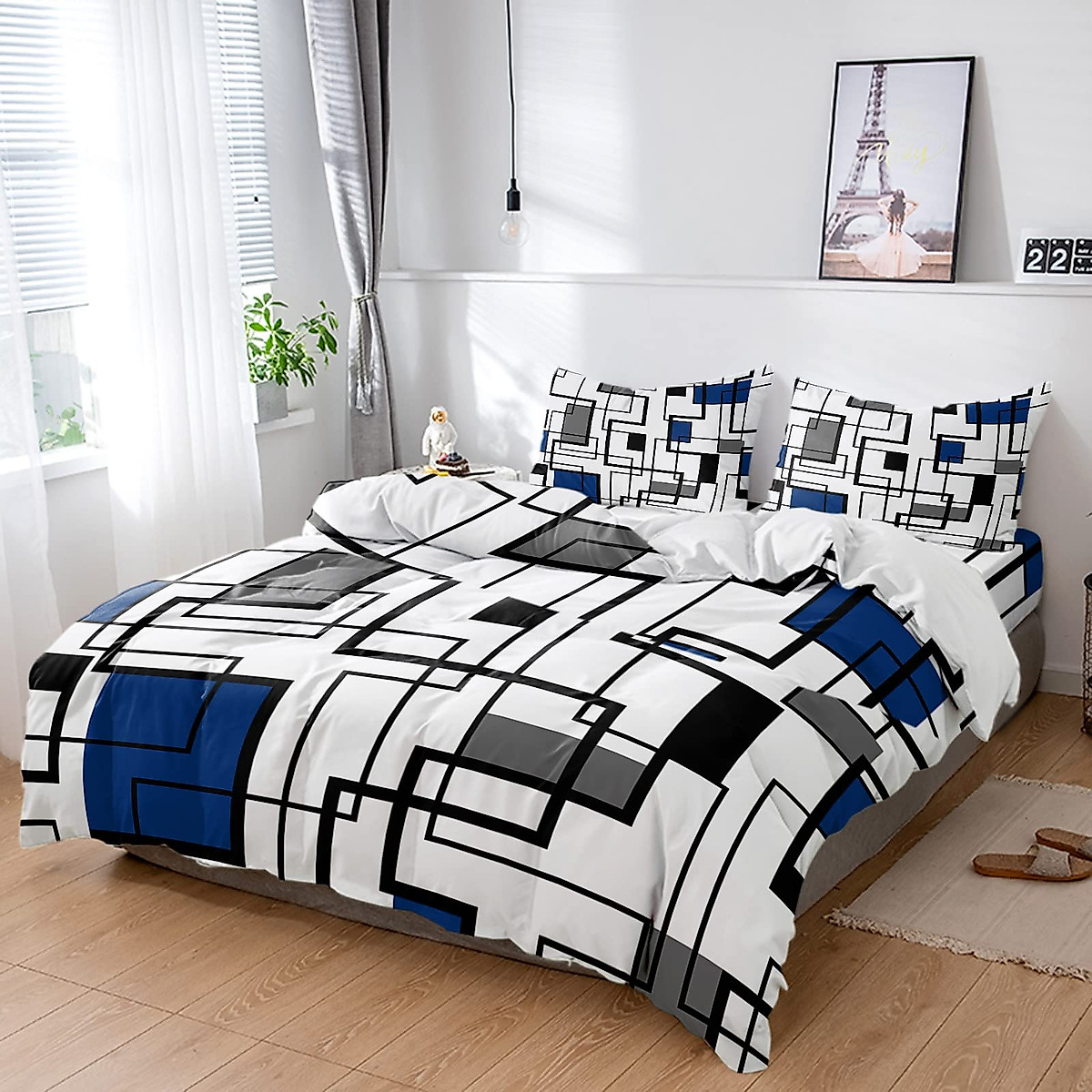 Blue Square Geometric Art Duvet Cover Sets 4 Piece Queen Ultra Soft Bed Quilt Cover Set for Kids/Teens/Women/Men,Modern Gray Abstract Lines White Back Bedding Collection All Season Use