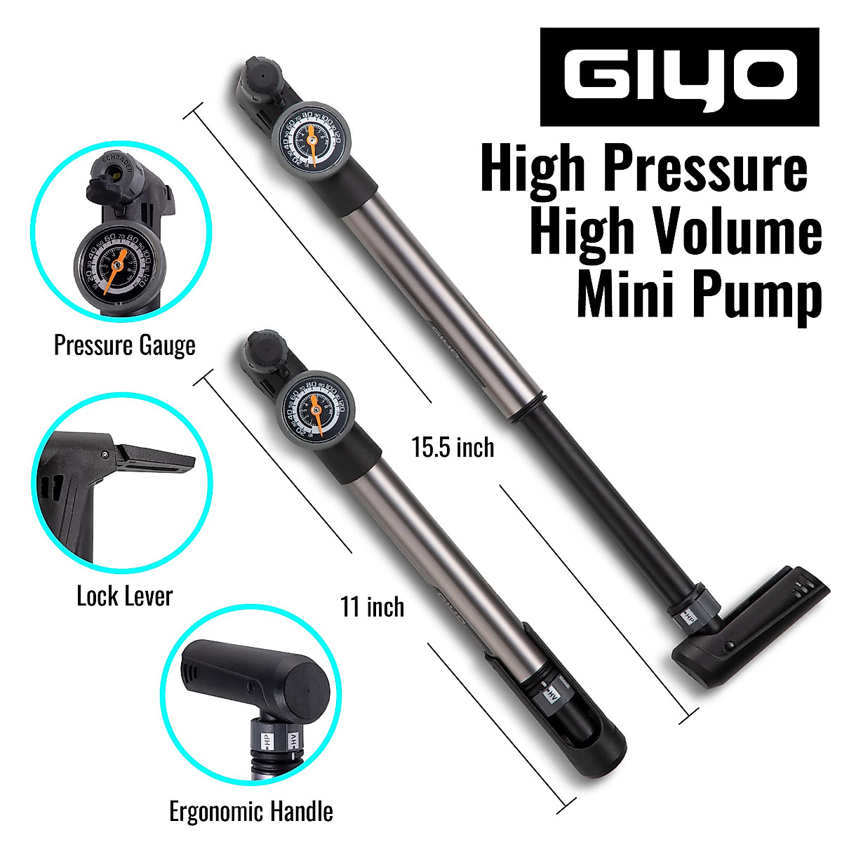 GIYO Mini Bike Pump with Gauge 2 Stage HP/HV 120 PSI Schrader & Presta Bike Tire Pump | Easy Inflation for Road & MTB | Frame Mount Included | Taiwan Made (GP-993)