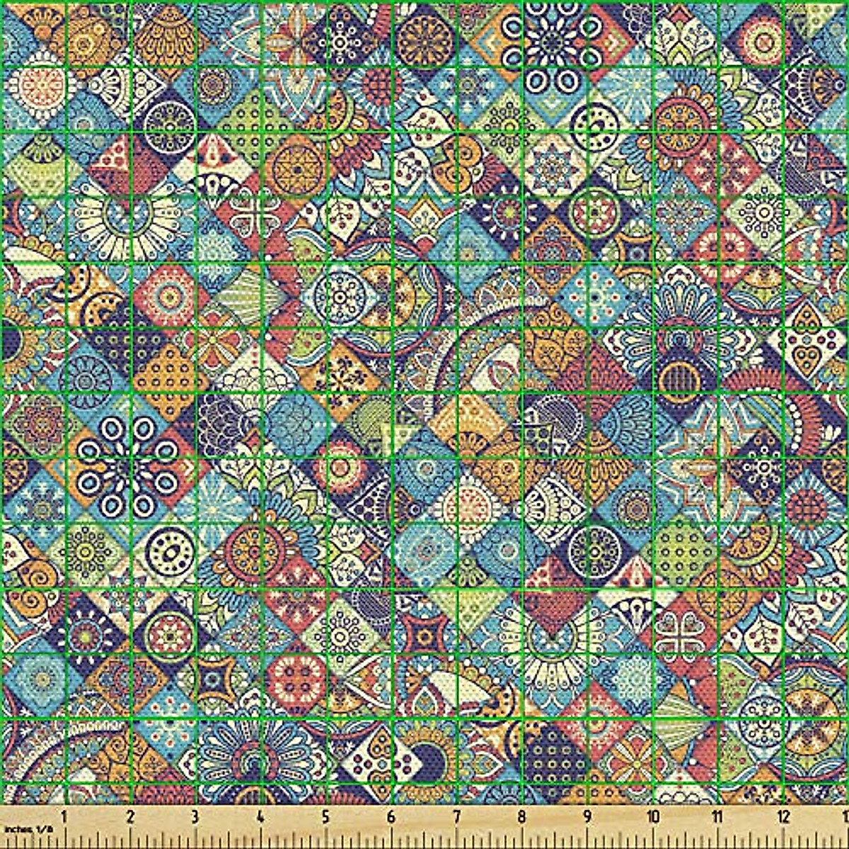 Ambesonne Bohemian Material Fabric by The Yard, Geometric Pattern Ornamental Boho Floral Folk Art Abstract, Accent for Curtains Dog Beds and Pillow Shams Decorative DIY Home Project, 1 Yard, Blue Cream