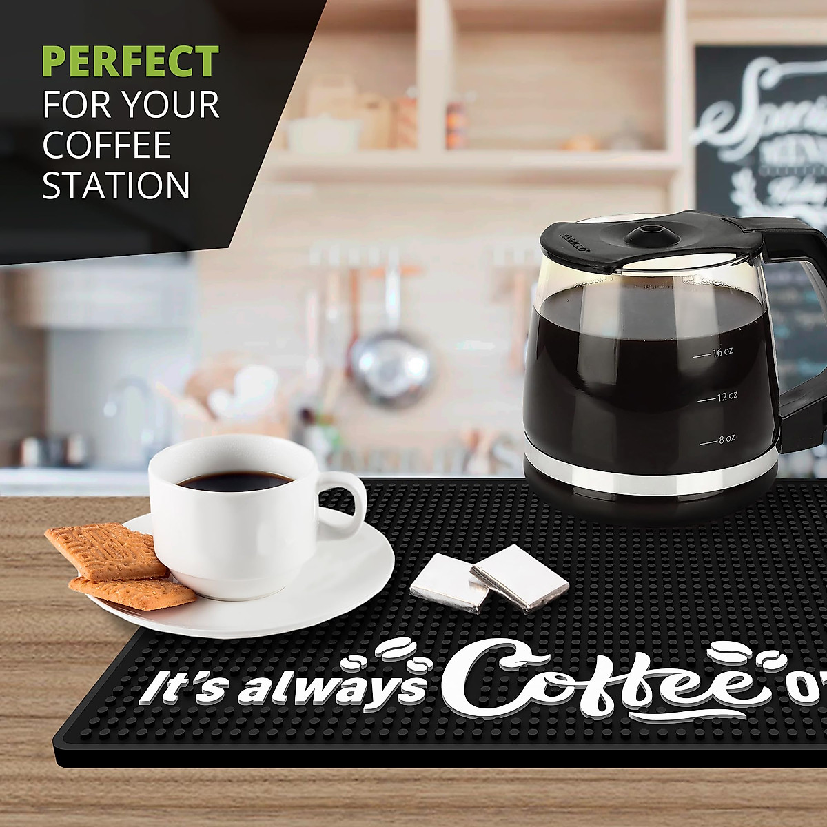 Premium Coffee Bar Mat (18"x12") - Absorbent Coffee Mat & Non-Slip Silicone - Perfect for Coffee Makers, Espresso Machines & Countertops - Stylish, Heavy-Duty & Easy-Clean Accessory for Cafes & Bars