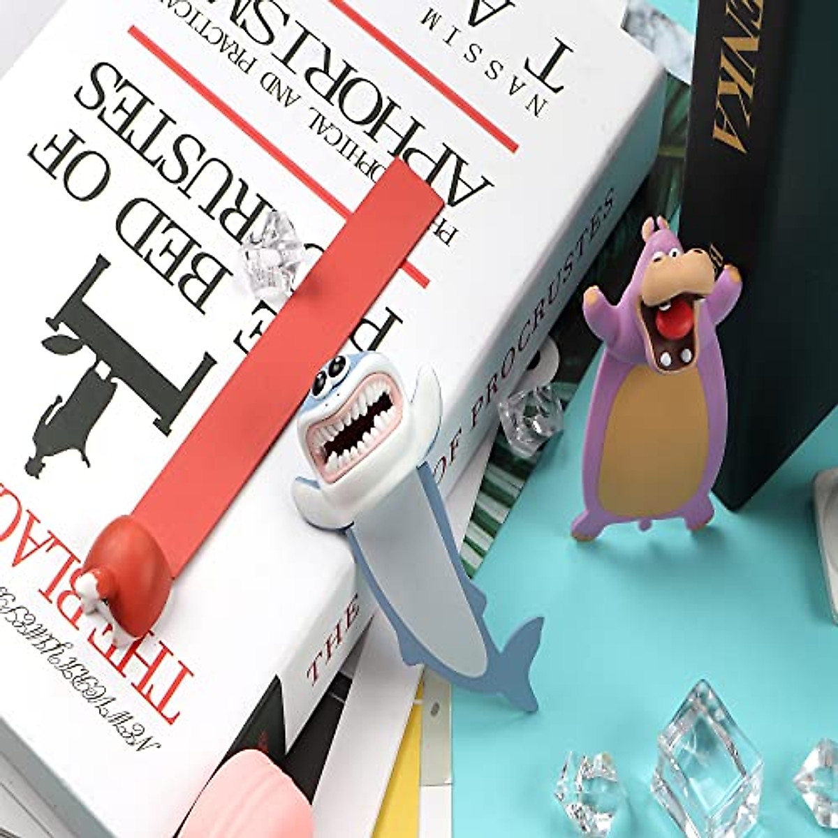 3 Pieces+ Gift 3D Animal Bookmarks for Kids and Students, Cute, Funny, Wacky, and Sturdy, Kawaii Stereo Cartoon Bookmarks -Hippo, Shark, Kitten , and Stick Markers for Notes