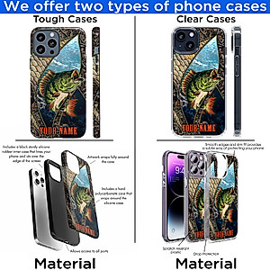 Personalized Bass Fish Fishermen Phone Case Custom Name Bass Fishing Leather Pattern Cute Protective Cover Customized Compatible with iPhone 14 12 13 11 Promax Samsung s23 s22 s21 s20 s10 Ultra